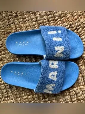 Marni | Shoes | Marni Blue Terry Cloth Logo Pool Slides Size 39 | Poshmark